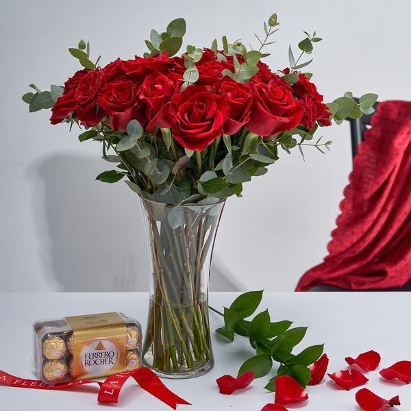 "Rose Radiant" Red Roses in a Vase + Ferrero Rocher Chocolates 16pcs